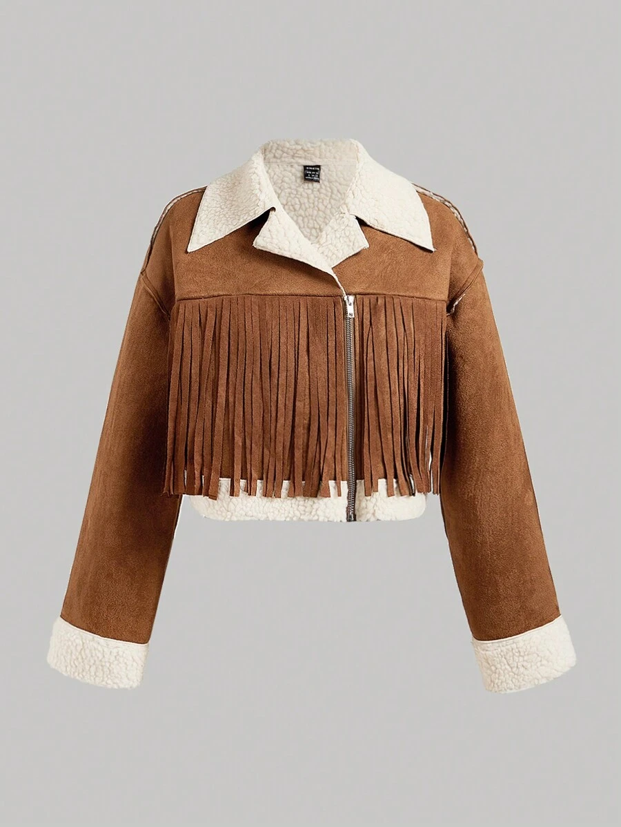 SHEIN MOD Brown Lapel Fringed Color-Blocking Women's Jacket,Fall/Winter ...