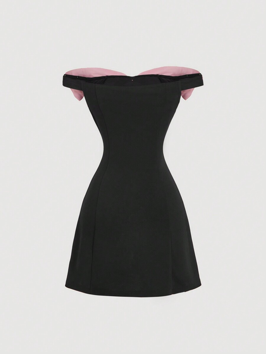 SHEIN MOD Women's Open Shoulder Contrast Bow Tie Short Dress, Black ...