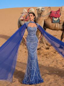 Faeriesty Dramatic High-Neck Cutout Halter Evening Gown With Ethereal ...