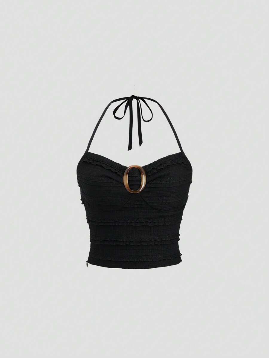 Lunelith SHEIN Lunessa Women's Summer Ruched Ring Connected Halter Neck Casual Tank Top | SHEIN USA