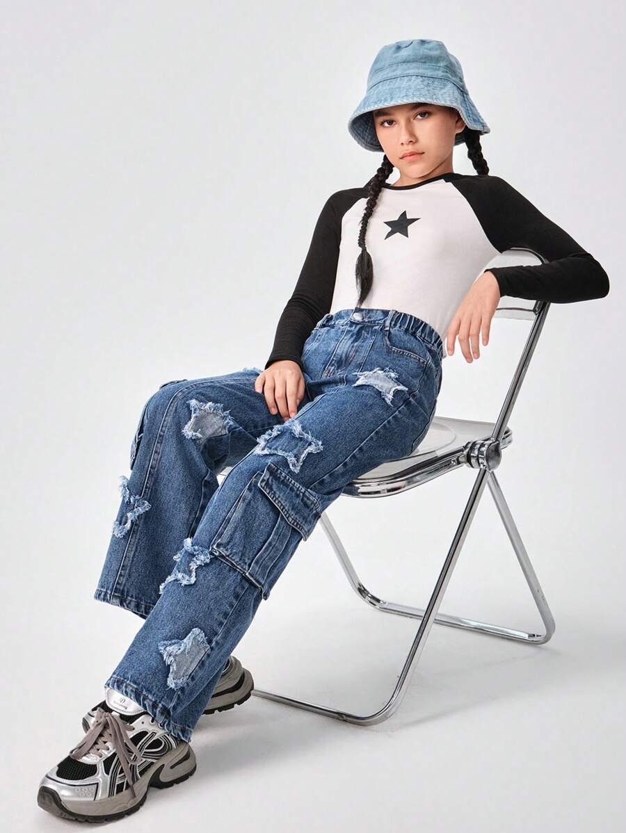 SHEIN Pantaloni cargo in jeans per ragazze pre-adolescenti, stile Y2K ...