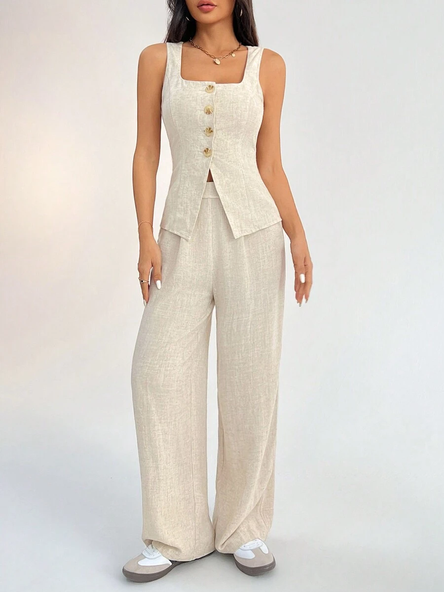SHEIN PETITE Linen Linen Suit Vest Two-Piece Women's Fashion Solid ...
