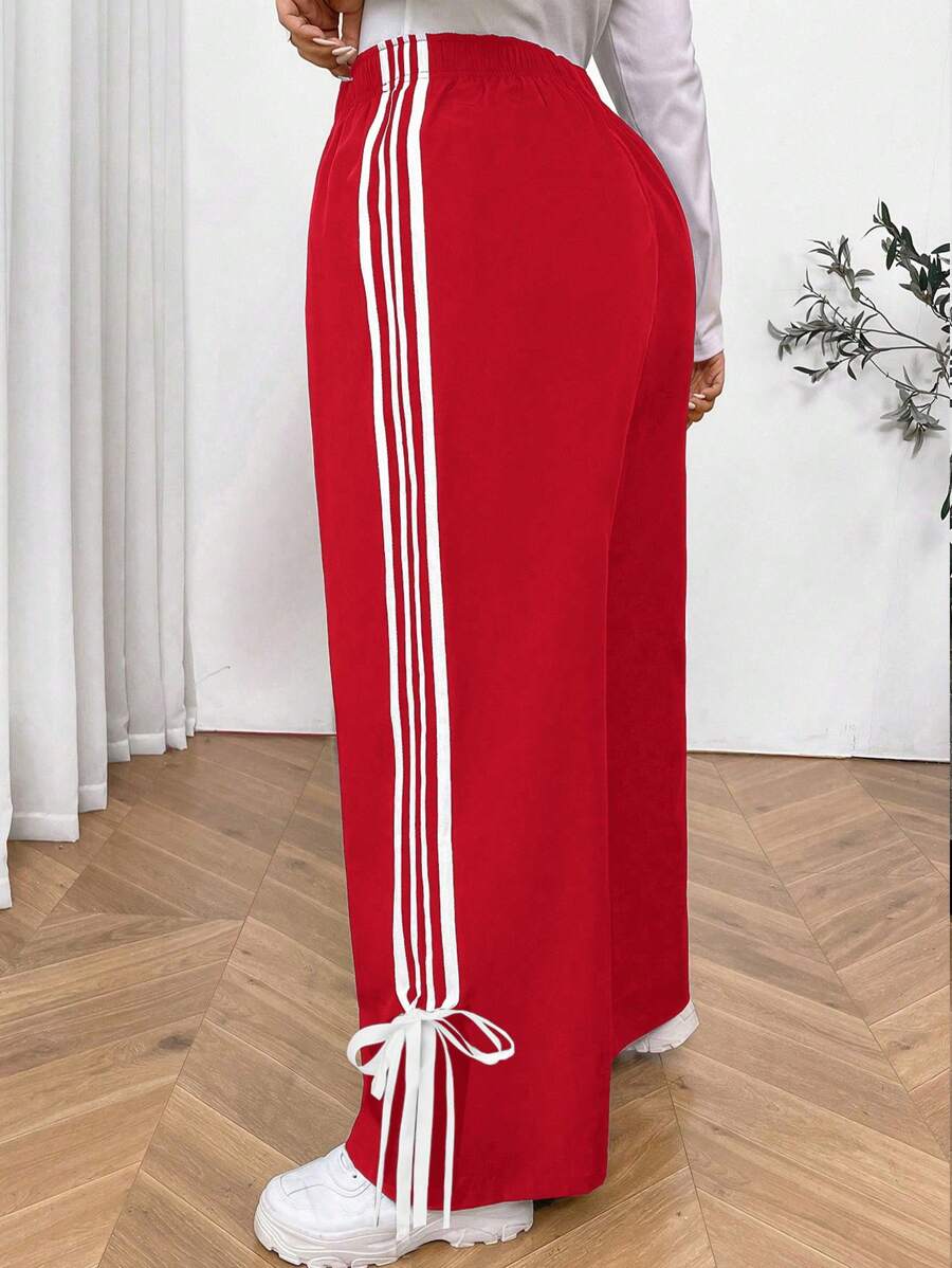 SHEIN CURVE+ Plus Size Women Vintage Red Drawstring Straight Leg Pants ...