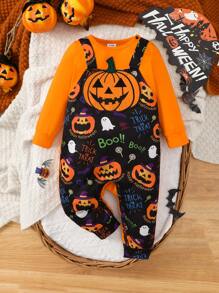 SHEIN Persoplay Kids Baby Boy Halloween Pumpkin & Ghost Print Snap Front Long Sleeve Romper ...