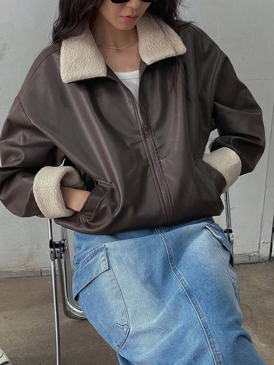 DAZY Women's Regular Faux Shearling Lapel PU Jacket ,Winter Women ...