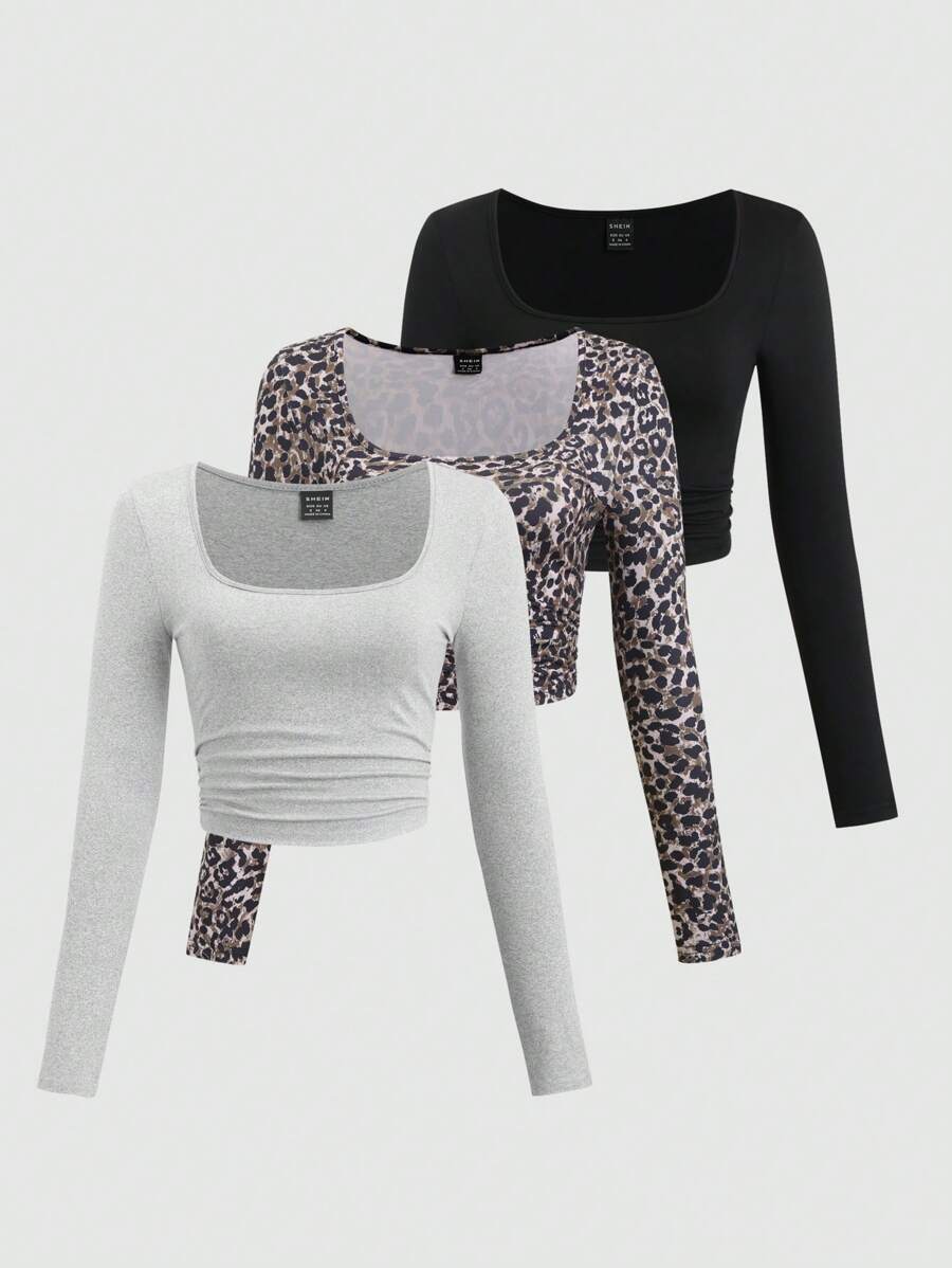 Sweetra Women's Casual Square Neck Long Sleeve Sexy Y2K Leopard Print T ...