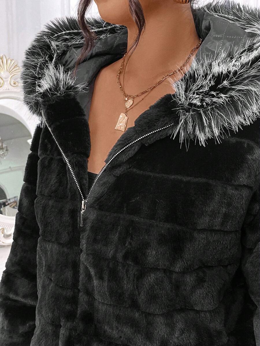 SHEIN LUNE Plus Size Women's Fluffy Coat With Faux Fur Collar, Winter Outerwear | SHEIN USA