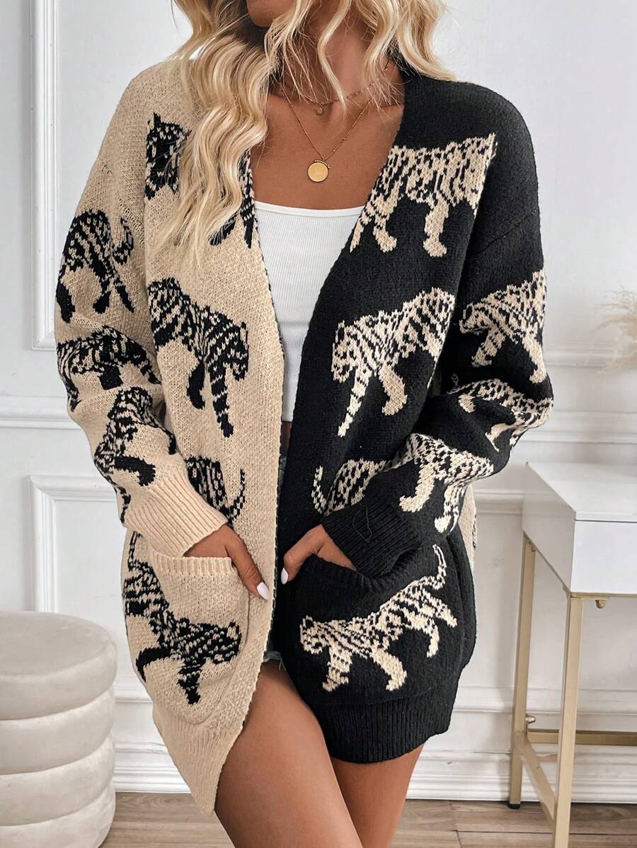 SHEIN LUNE Women's Tiger Animal Print Drop Shoulder Long Sleeve Casual ...