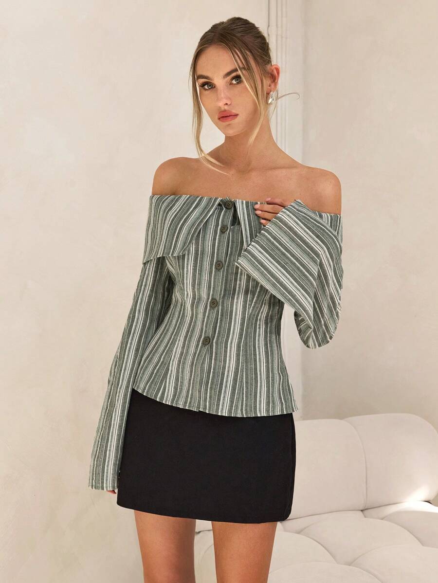 Forever 21 Off The Shoulder Fall Blouses Button Up Women Shirt Street ...