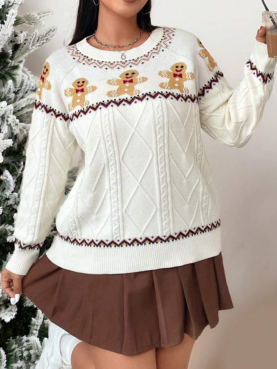 Flirla Plus Size Gingerbread Man Printed Round Neck Knitted Sweater ...