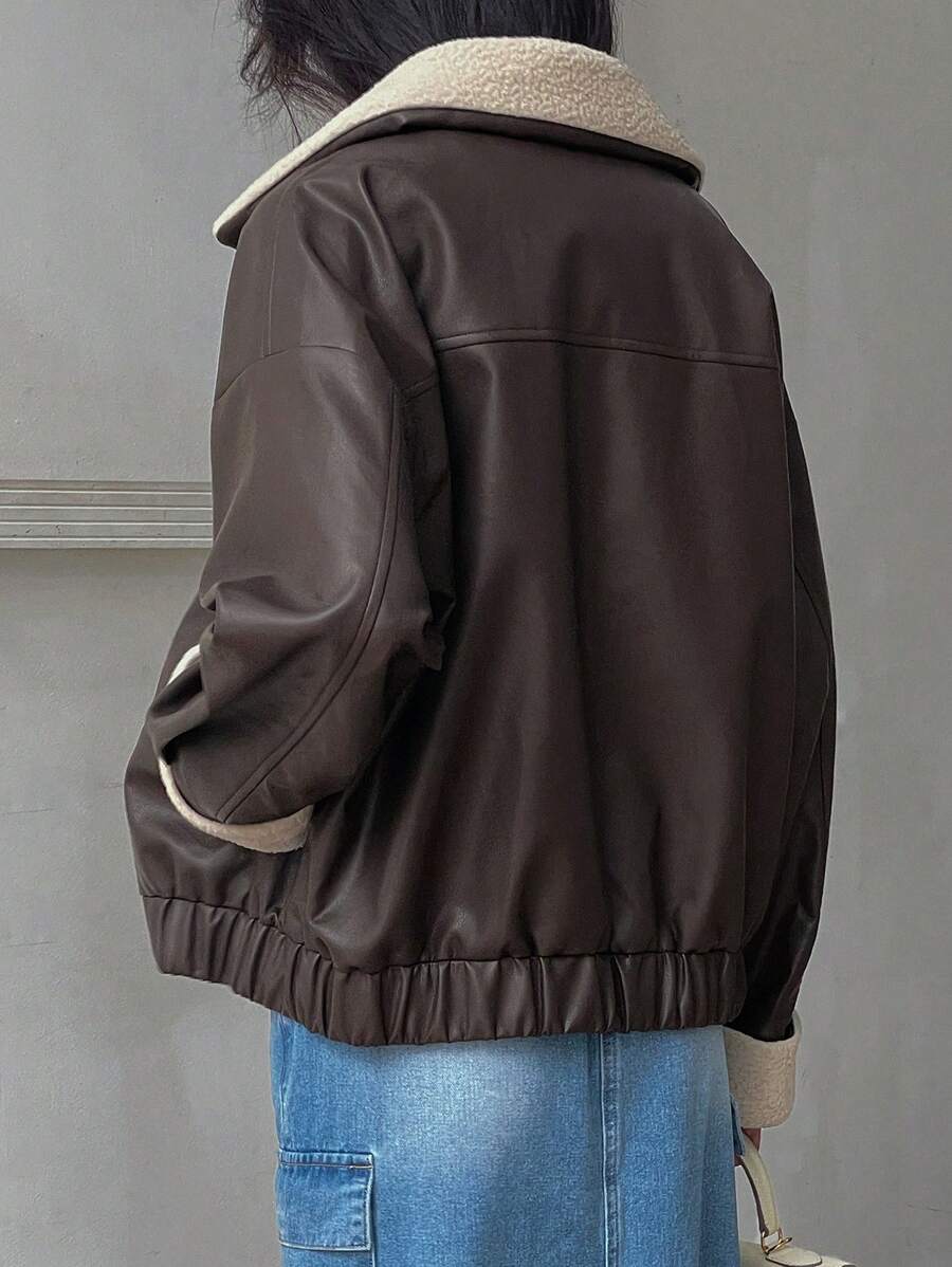 DAZY Women's Regular Faux Shearling Lapel PU Jacket ,Winter Women ...