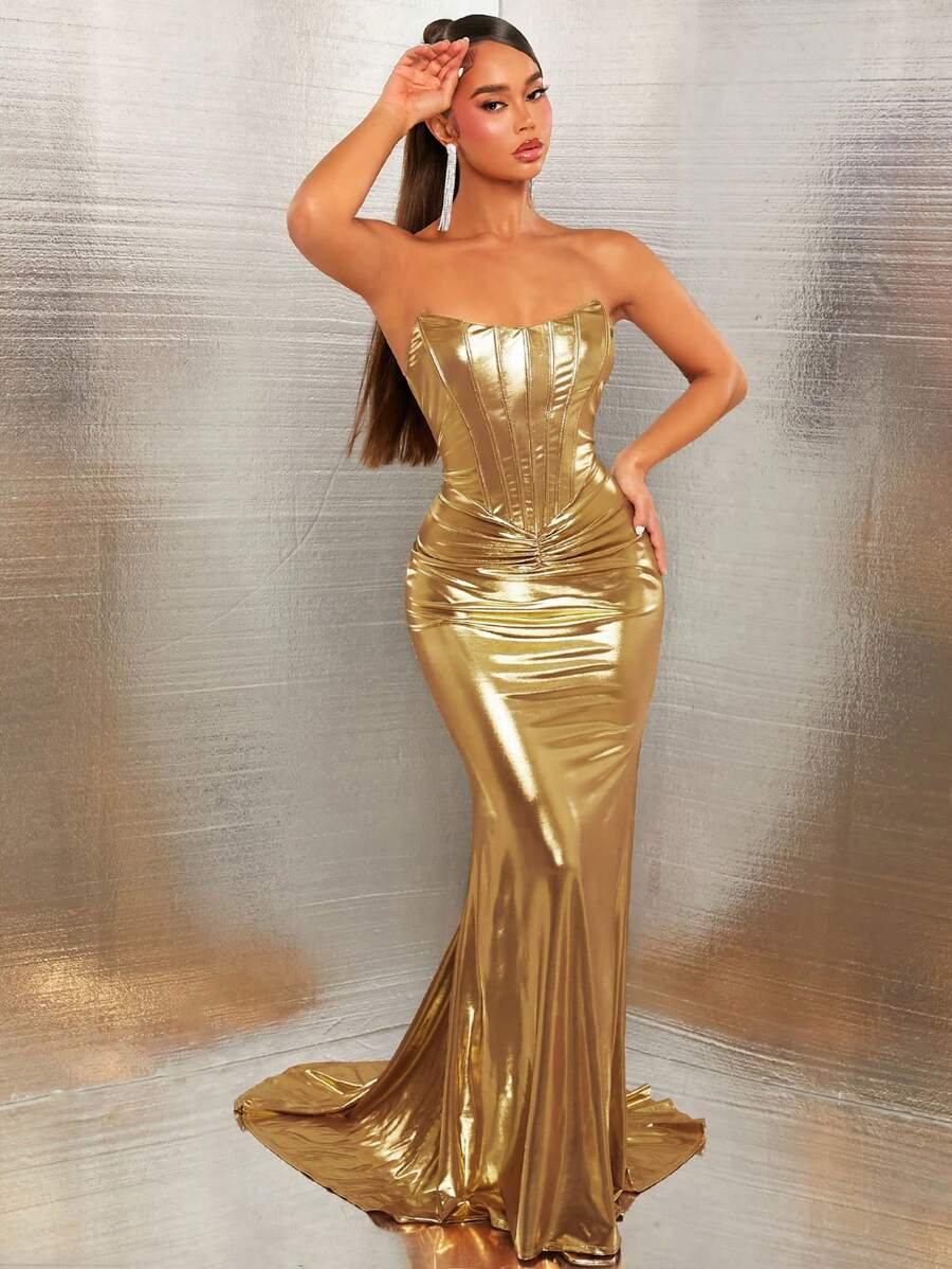 SHEIN SXY Fall Women Clothes;Gold Corset Detail Ultra Long Dress; For ...