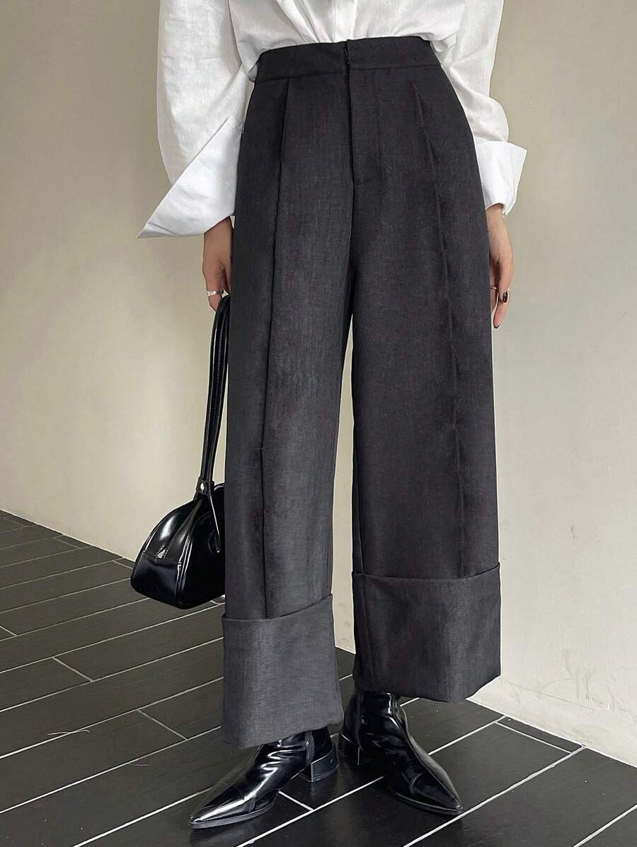 DAZY Solid Color 7/8 Straight Leg Pants With Cuffed Hem & Pockets ...