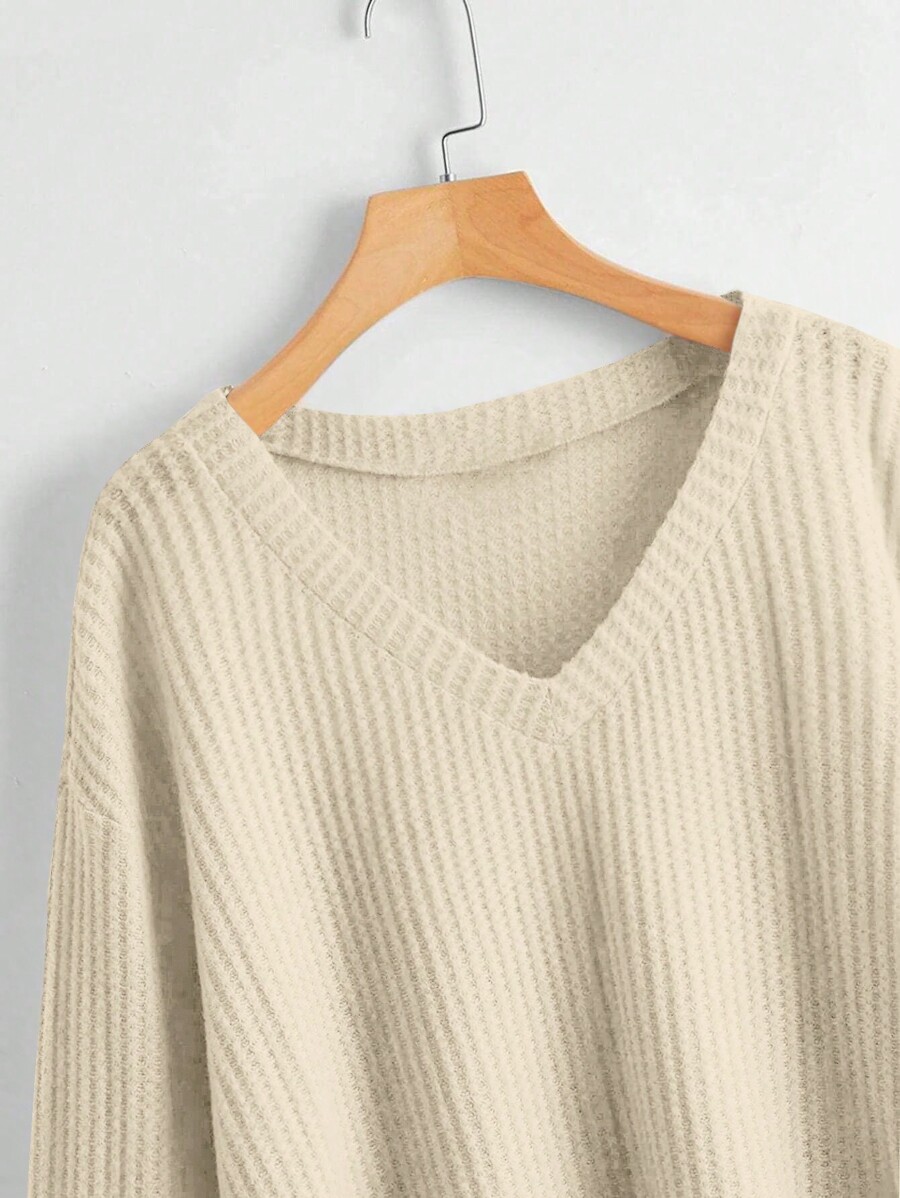 SHEIN MOOSTA Women's Solid V-Neck Dropped Shoulder Long Sleeve Casual ...