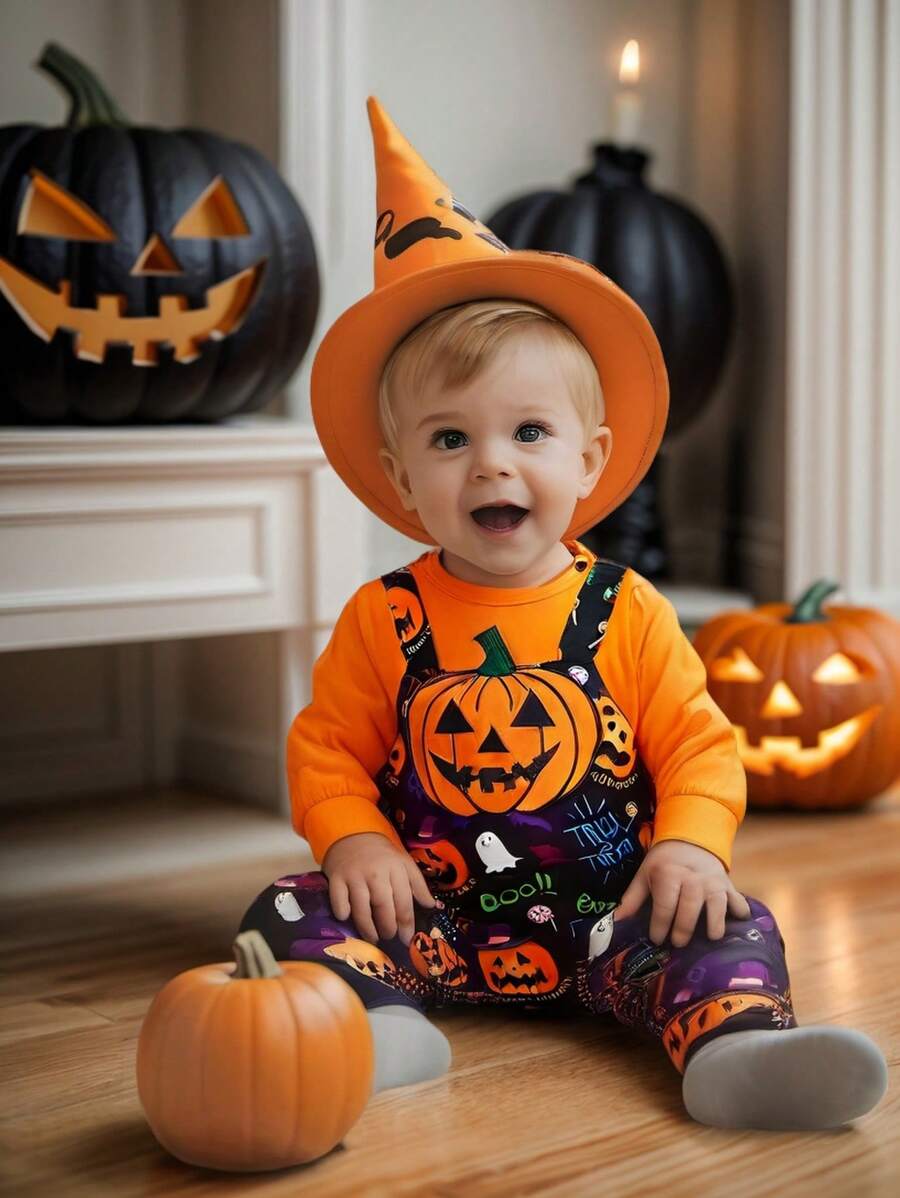 SHEIN Persoplay Kids Baby Boy Halloween Pumpkin & Ghost Print Snap Front Long Sleeve Romper ...