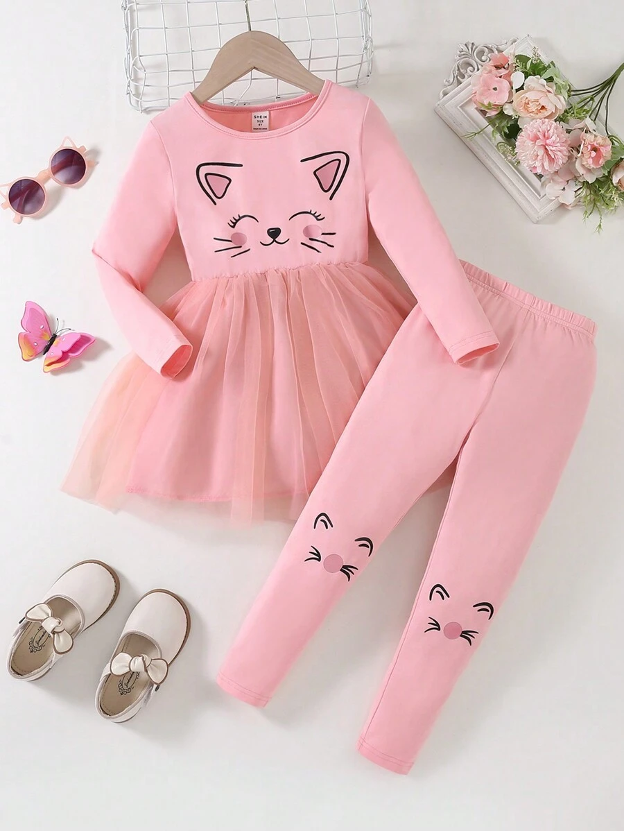 SHEIN Young Girl 2pcs Cartoon Cat Print Crew Neck Long Sleeve Mesh ...