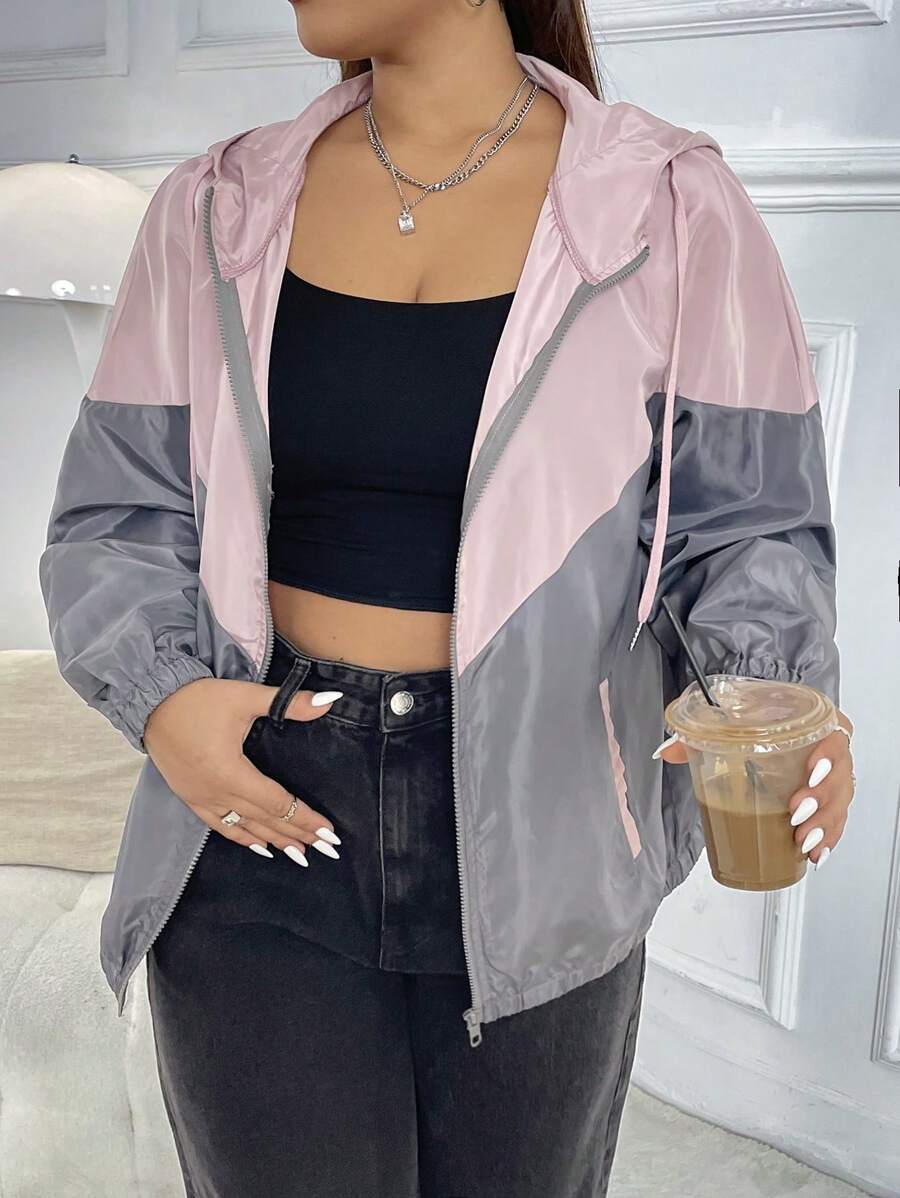 SHEIN EZwear Plus Size Casual Colorblock Drawstring Hooded Jacket For ...