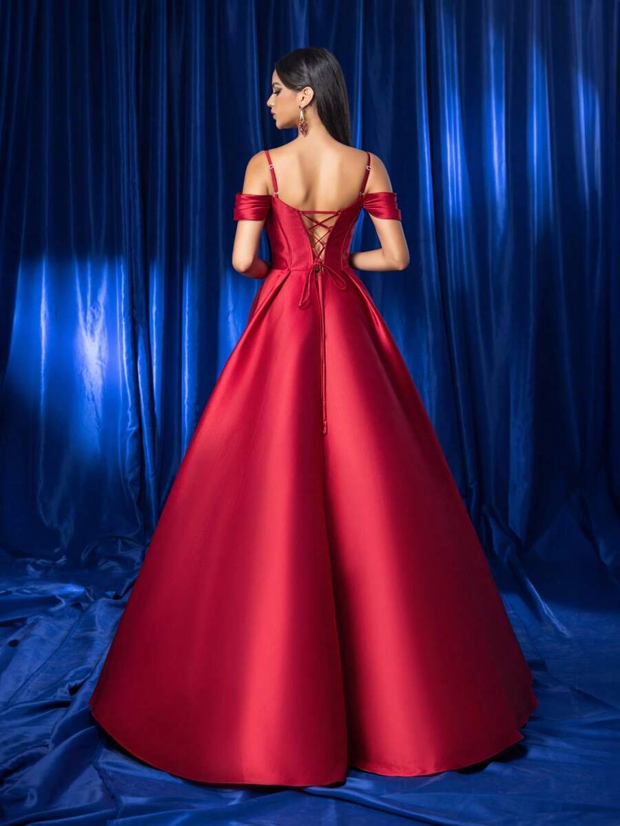Kexmon Elegant Luxury Red Satin Sparkly Open Shoulder High Slit Formal ...
