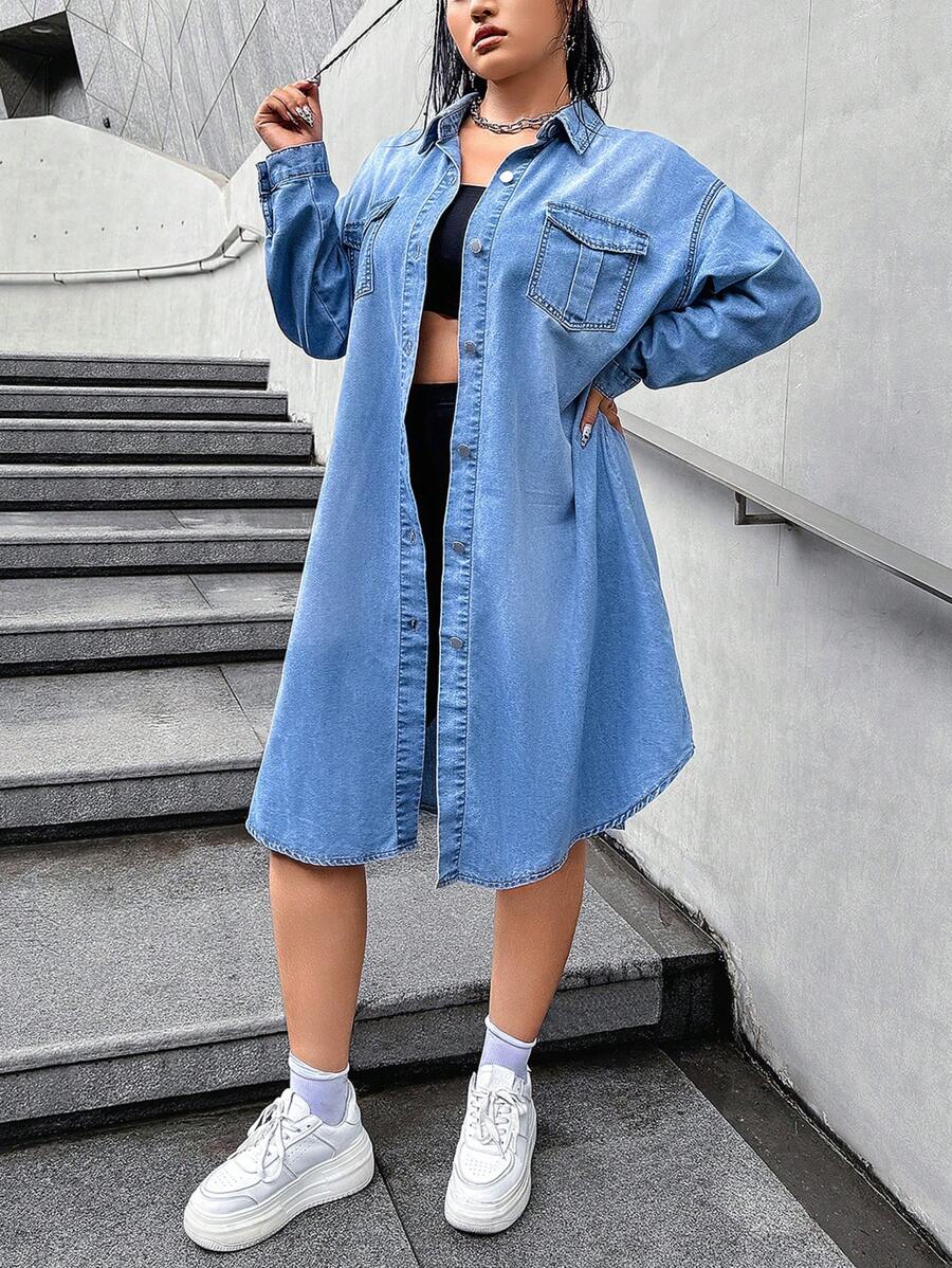 Shein Ezwear Plus Size Blue Drop Shoulder Long Sleeve Denim Dress Shein Uk
