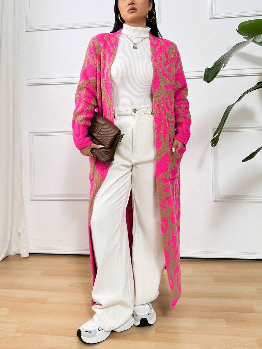 Calvaya Plus Size Color Block Pattern Long Casual Cardigan For Autumn ...