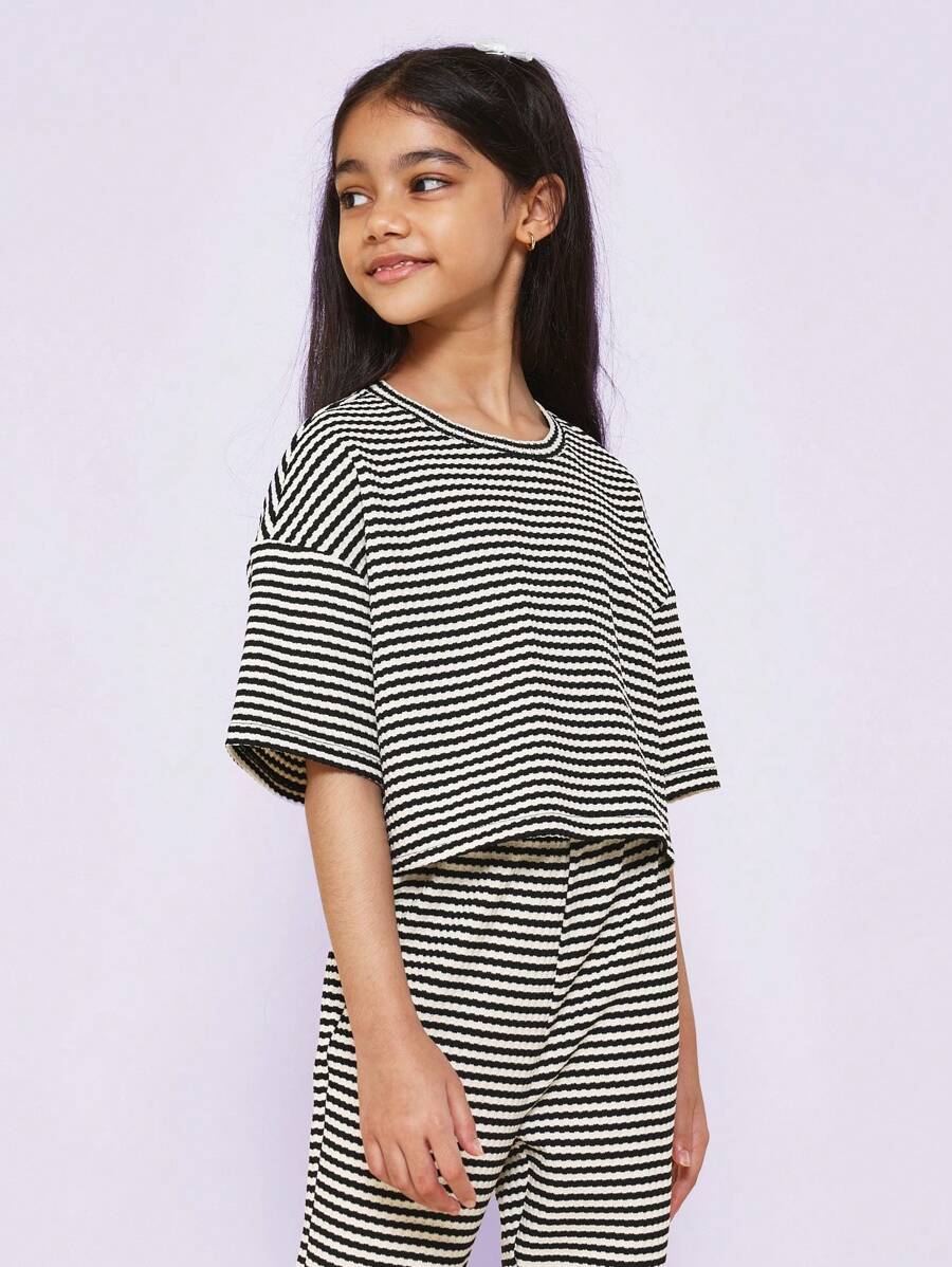 SUMWON Tween Girls Textured Crop Fit Stripe Mono Shirt And Flare Fit ...