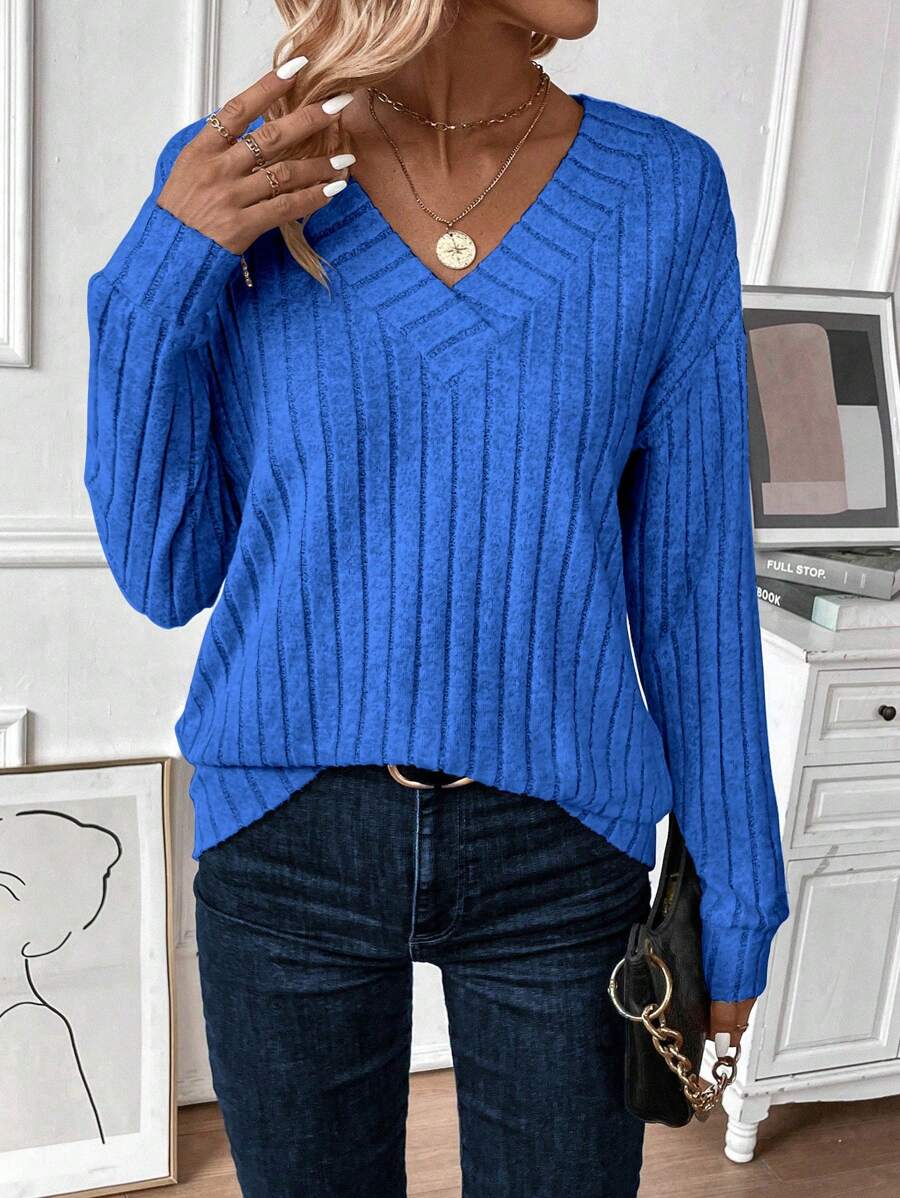 SHEIN LUNE Women's Solid V-Neck Drop Shoulder Long Sleeve Loose Casual ...