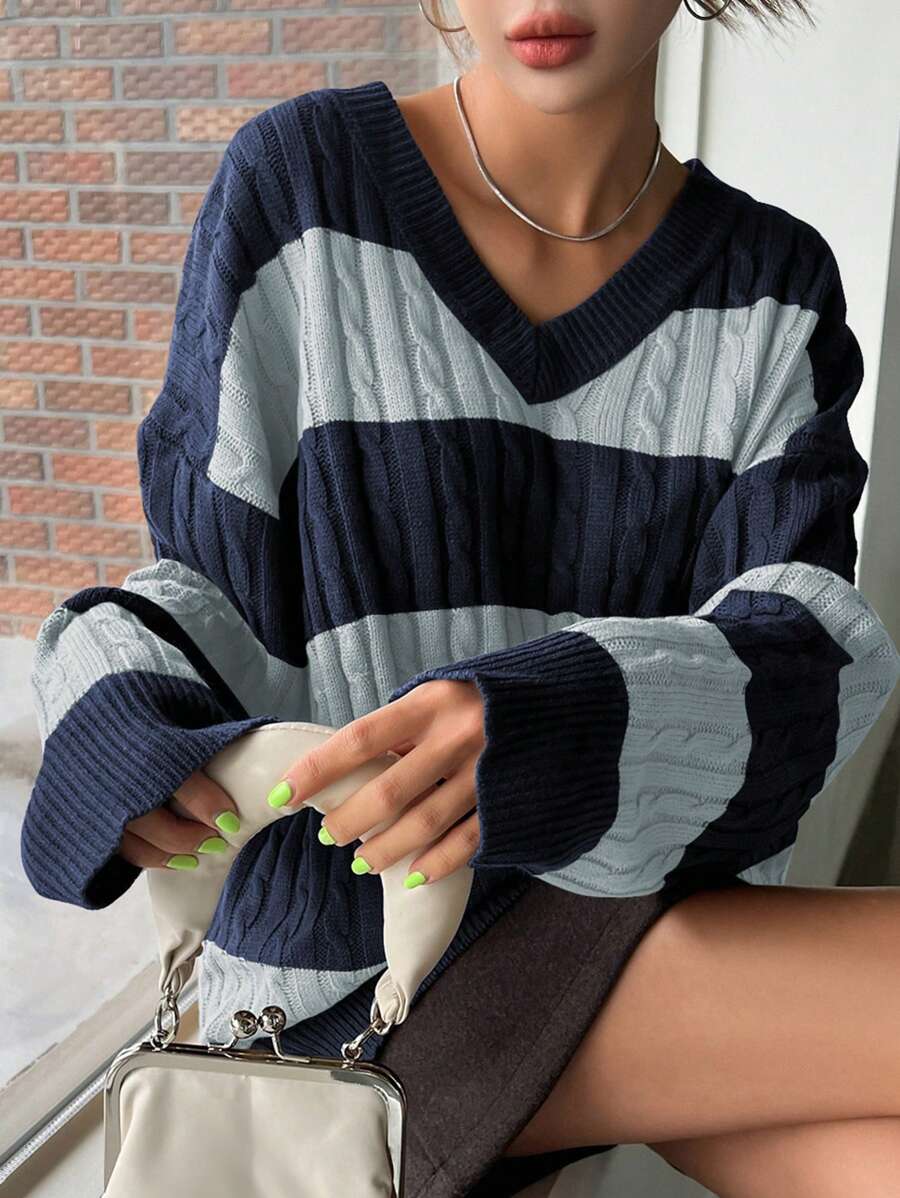DAZY V-Neck Long Sleeve Striped Simple Pullover Sweater, Casual Everyday Wear | SHEIN USA