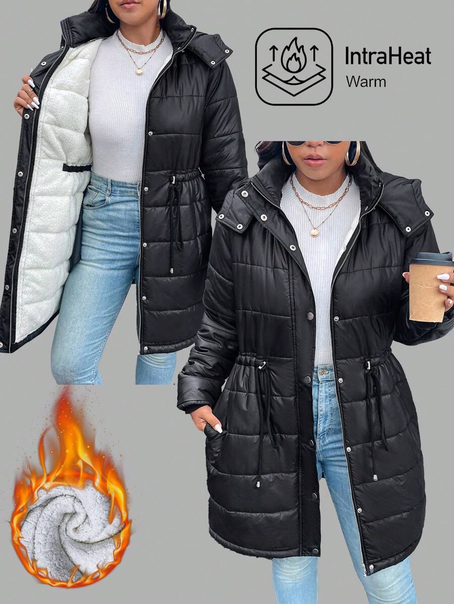 SHEIN LUNE Pig Nose Cinched Waist Slim Down Parka With Detachable Hood ...