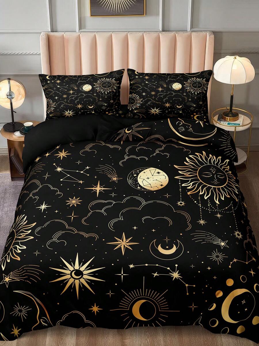 Black Gold Sun And Moon Bedding Set Boho Duvet Cover Set Gold Moon And ...