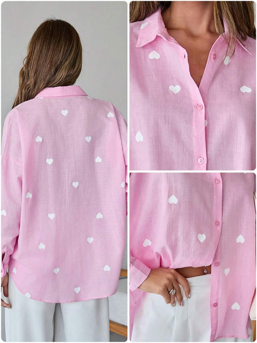Cottnline 100% Cotton HEART PATTERN LONG SLEEVE SHIRT | SHEIN USA