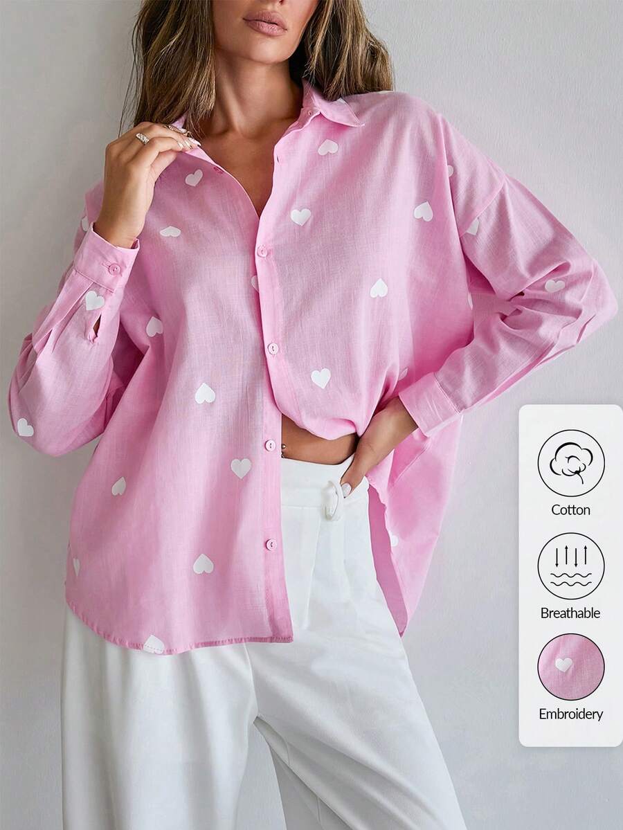 Cottnline 100% Cotton HEART PATTERN LONG SLEEVE SHIRT | SHEIN USA