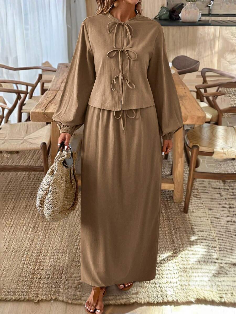 Shein Lune Textured Fabric Front Knot Long Sleeve Shirt And Skirt Set Shein Malaysia