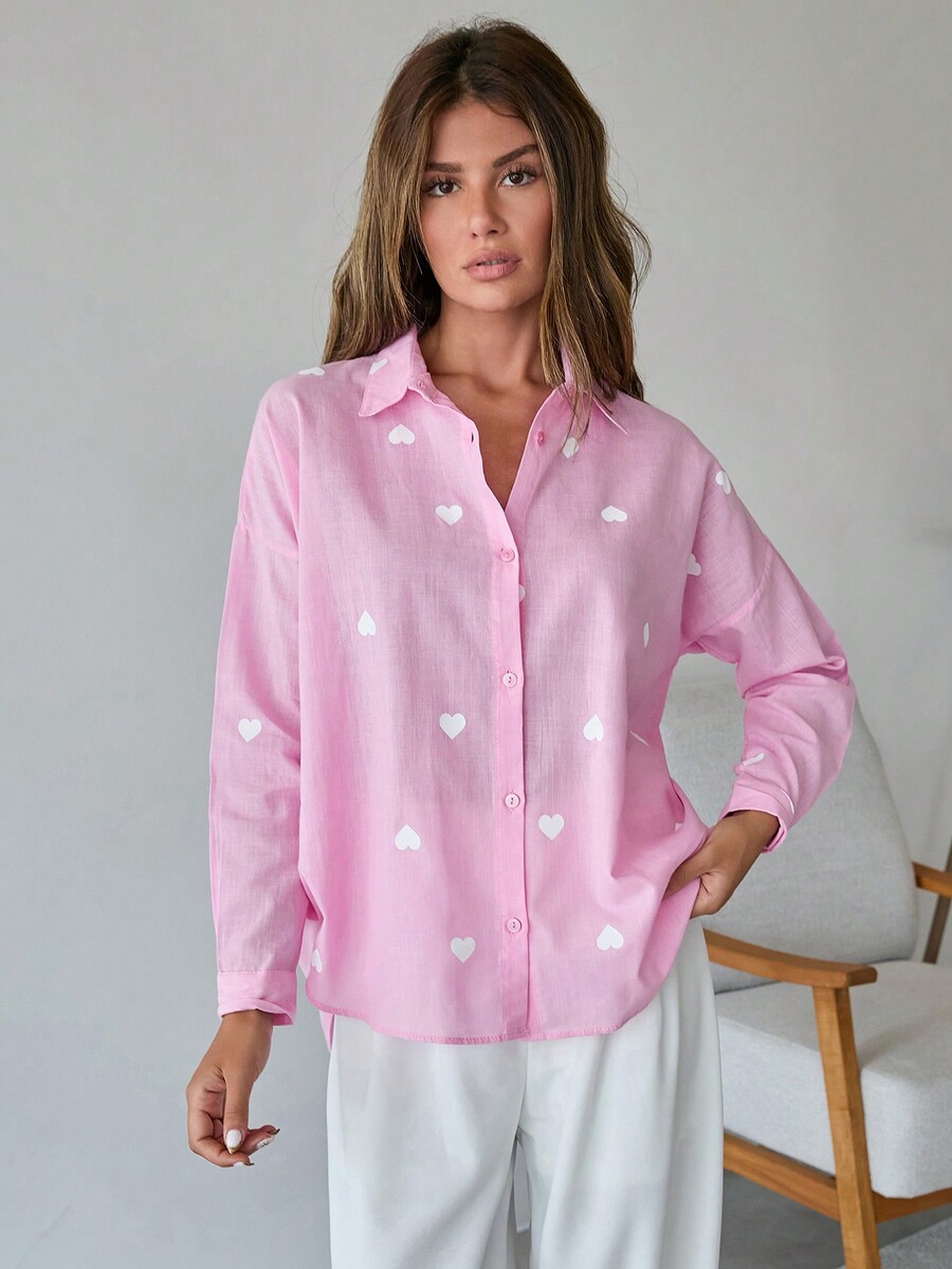 Cottnline 100% Cotton HEART PATTERN LONG SLEEVE SHIRT | SHEIN USA