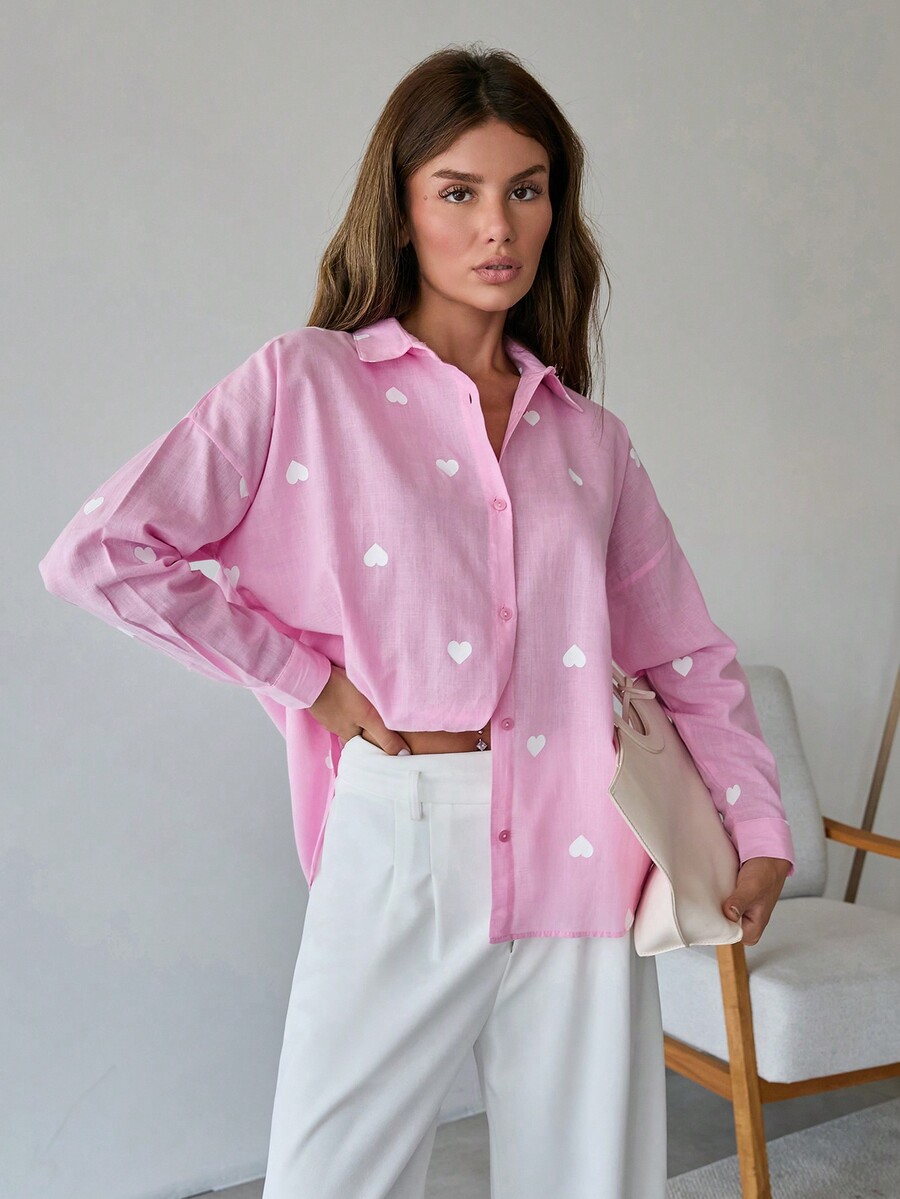 Cottnline 100% Cotton HEART PATTERN LONG SLEEVE SHIRT | SHEIN USA