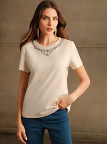 Anewsta Women's Casual Rhinestone Embellished Simple T-Shirt | SHEIN USA