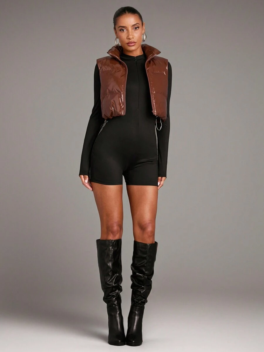 SHEIN BAE Vrouwen Eenvoudige Effen Korte Leren Gevoerde Jas, Puffer ...