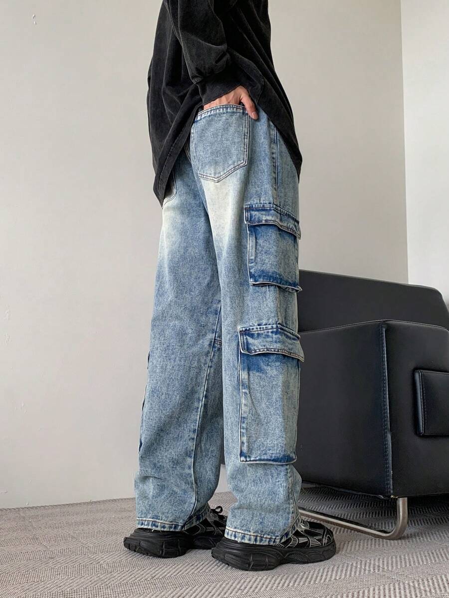 Manfinity EMRG Men's Light Blue Denim Cargo Wide Leg Baggy Jeans ...