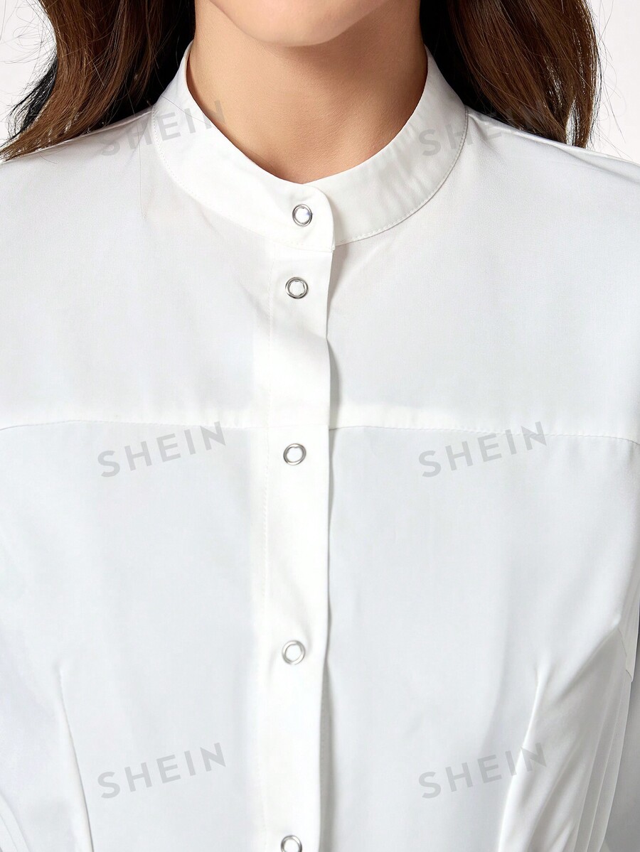 SHEIN TaskFit Plain Front Button Long Sleeve Pocket Simplistic Lab Coat ...