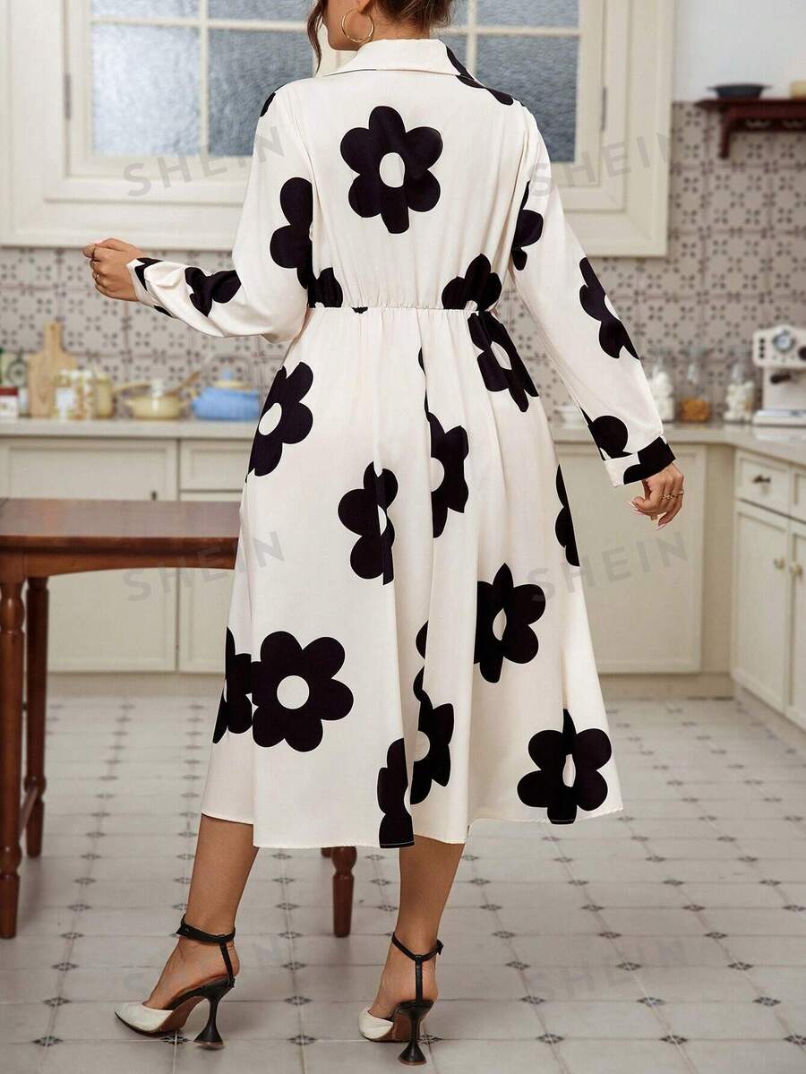 SHEIN Privé Plus Size Full Floral Print Button Front Long Sleeve Dress ...