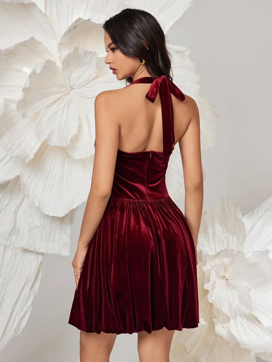 SHEIN Belle Burgundy Red Women's Solid Color Backless Halter Christmas ...