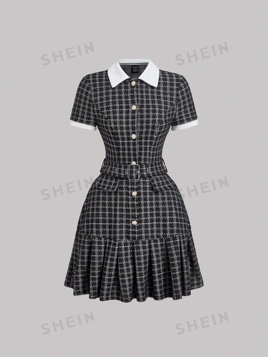 SHEIN MOD Vintage Plaid Patchwork Ruched Short Sleeve Dress Back To ...