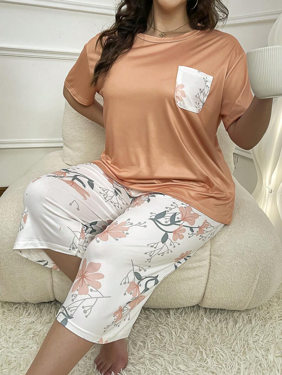 Pocket Printed Casual Pullover Shorts Pajamas Set, Plus Size Pajamas Set For Women , Outfits ...