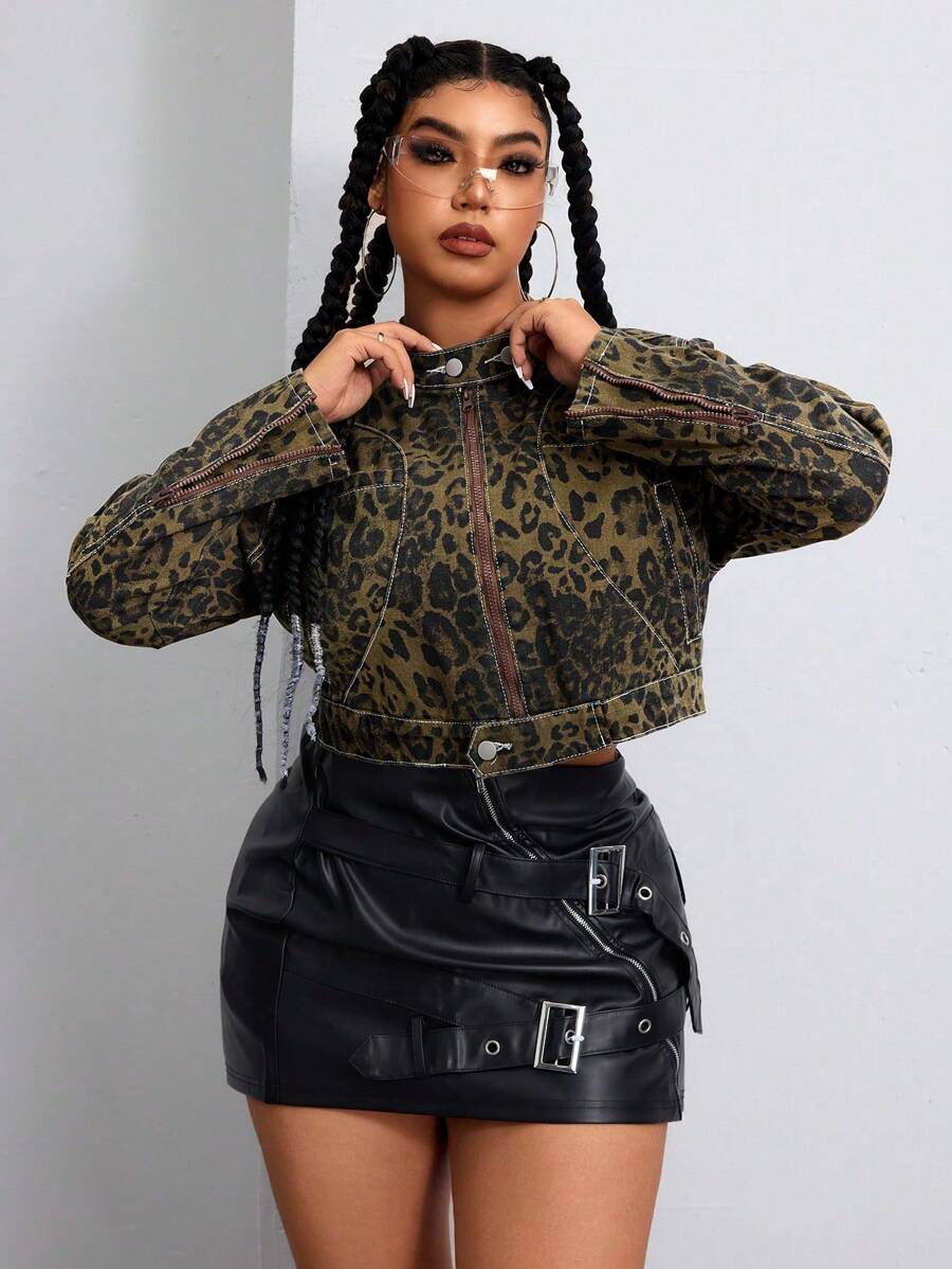 Plus Size Leopard Print Cropped Denim Jacket, Spring Autumn | SHEIN USA