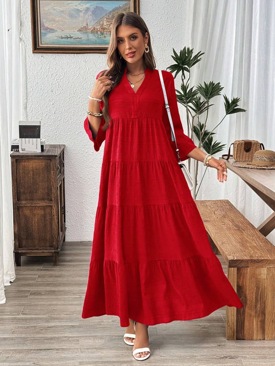 EMERY ROSE Women's Solid Color Ruffle Hem Flare Sleeve Vacation Dress ...
