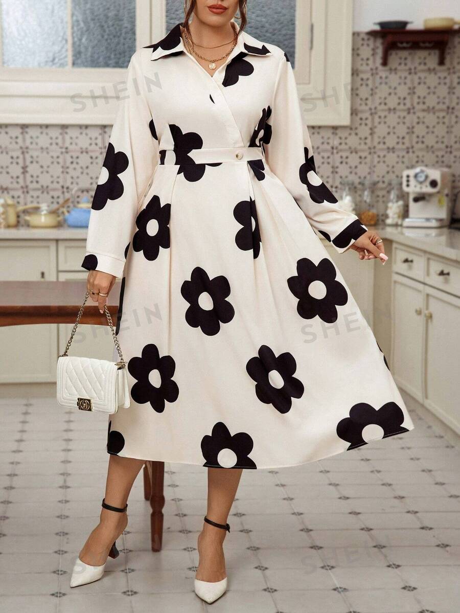 SHEIN Privé Plus Size Full Floral Print Button Front Long Sleeve Dress ...