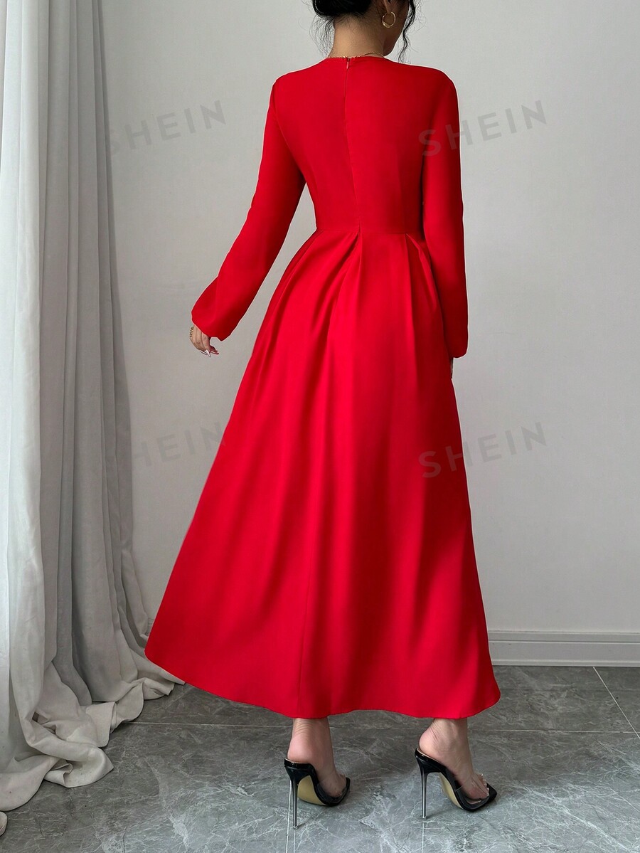 SHEIN Privé Women's A-Line Pleated Long Sleeve Dress | SHEIN UK