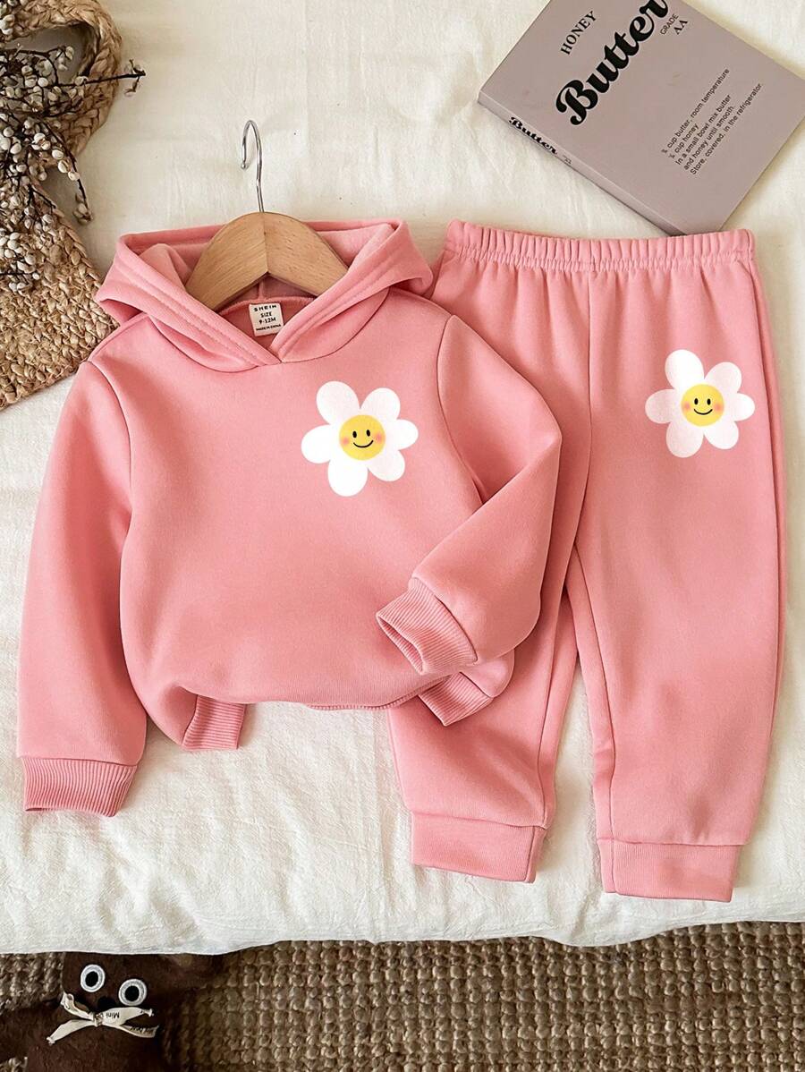 SHEIN 2 piezas/set Niña bebé Diseño de cara sonriente de estampado floral Chaqueta con capucha ...