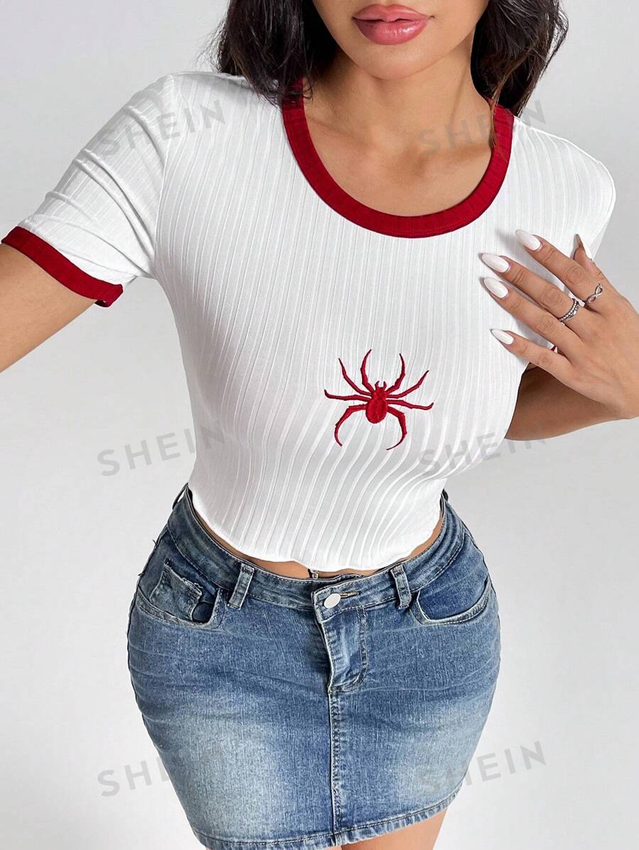 SHEIN ICON Y2k Dopamine Dressing Spider Embroidery Contrast Trim Crop ...