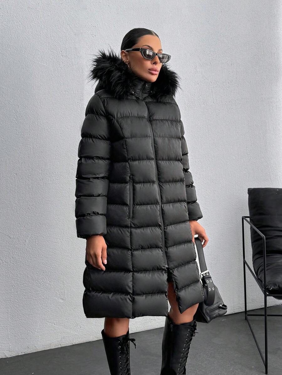 SHEIN Special Waterproof Fabric, Faux Fur Hood Detailed, Size Zipper ...