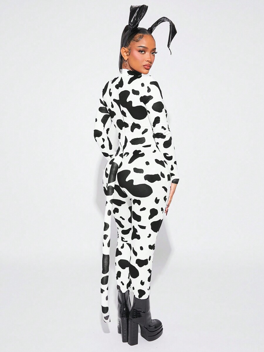 SHEIN SXY Women's Cow Print Stand Collar Cutout Long Sleeve Jumpsuit ...